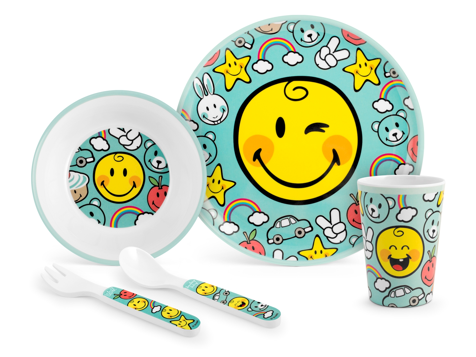Smiley Spisesæt (5 dele), hvid/Blå - Cute Baby Stuff - Onlinekids.no